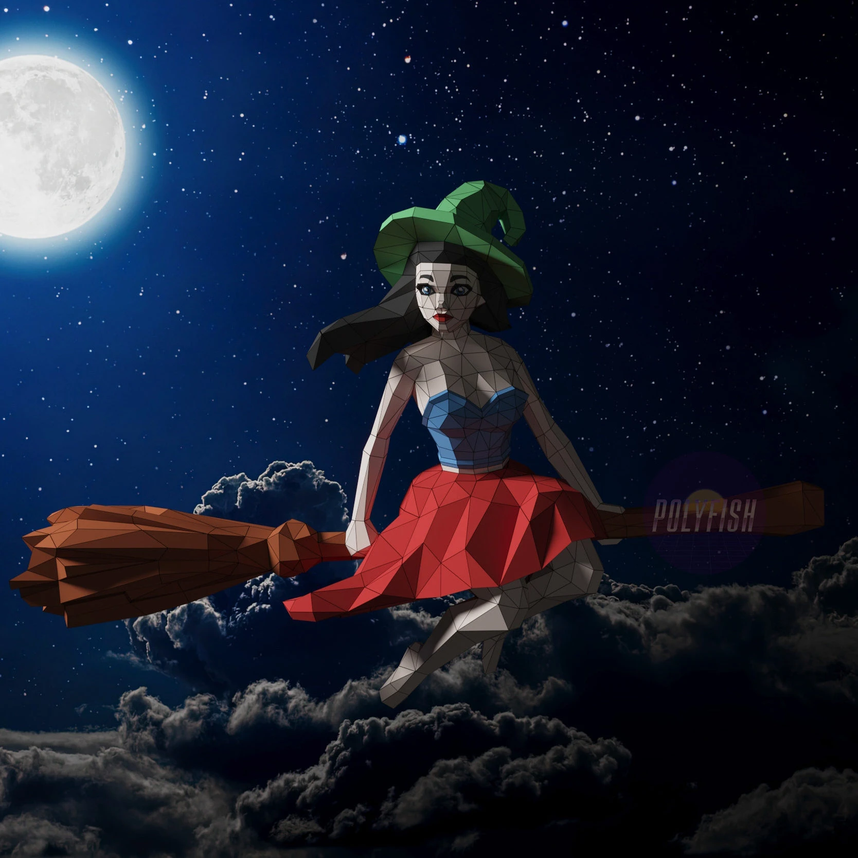 Witch On a Broom, Witch Girl PDF Template, Low Poly, Paper Sculpture ...
