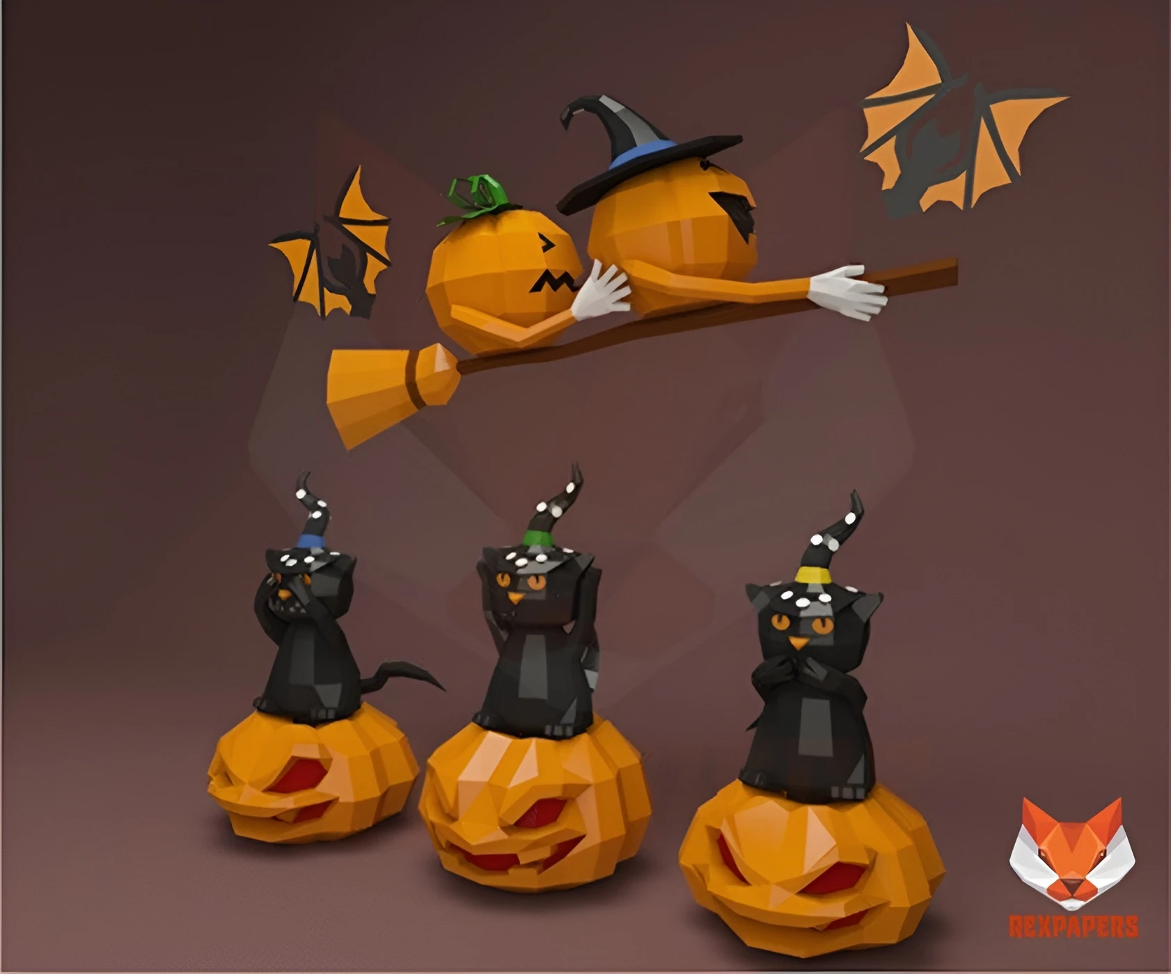 Halloween Cats, Bats and Pumpkin Papercraft, PDF Template, DIY 3d Model ...