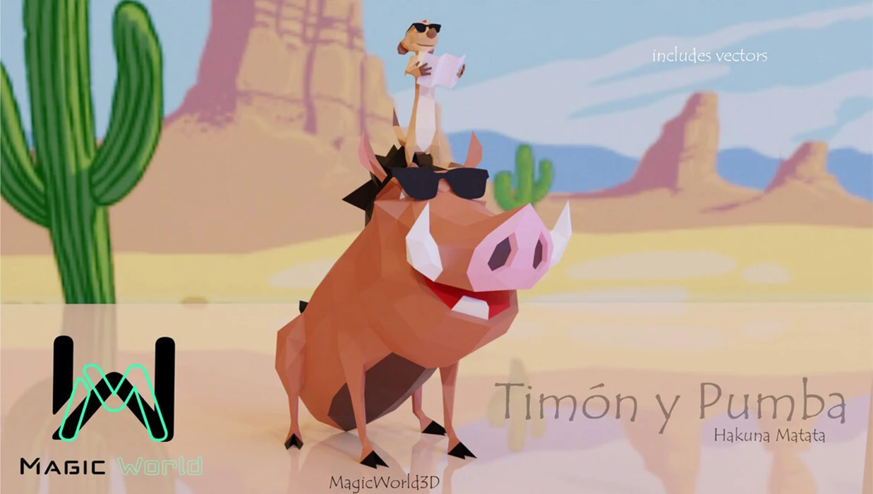 Timon and Pumbaa, Timon y Pumba, Lion King, Hakuna Matata Low Poly, Papercraft, PDF template ...