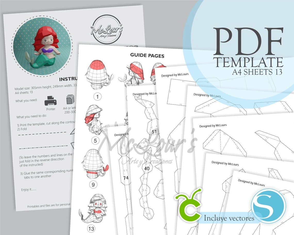 Princess Ariel/ The Little Mermaid/ DiY Craft/ Template PDF/ Low Poly ...