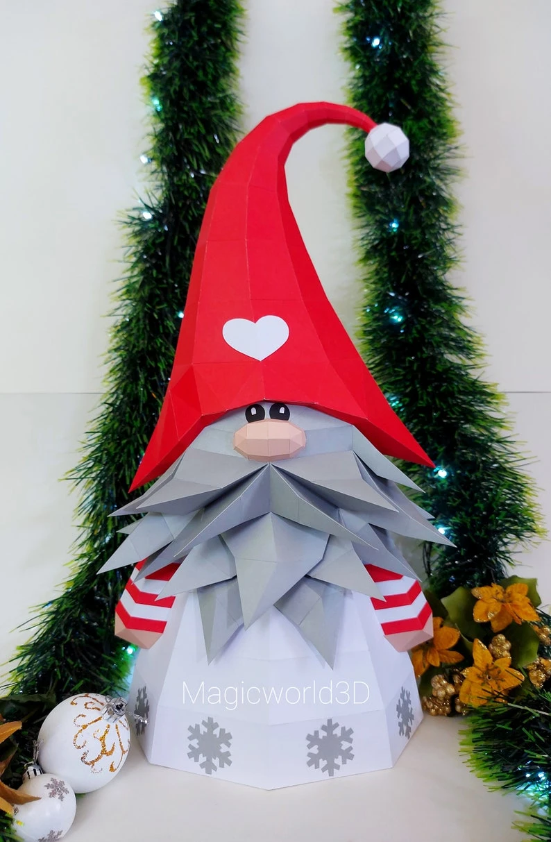 Gnome Christmas Low Poly, Papercraft, PDF template, Paper model ...